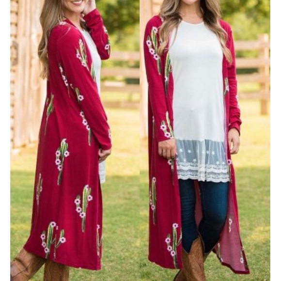 Grace & Emma | Tops | Grace Emma Red Cuctus Print Long Sleeve Duster ...
